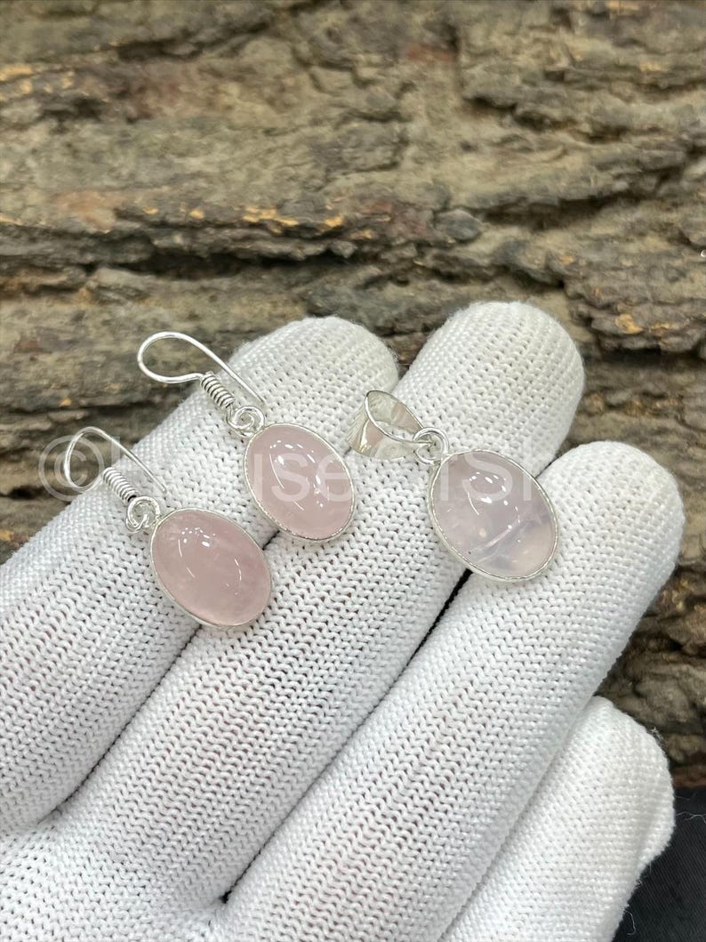 Rose Quartz Jewelry Set, 925 Sterling Silver Plating, Silver Pendant ...