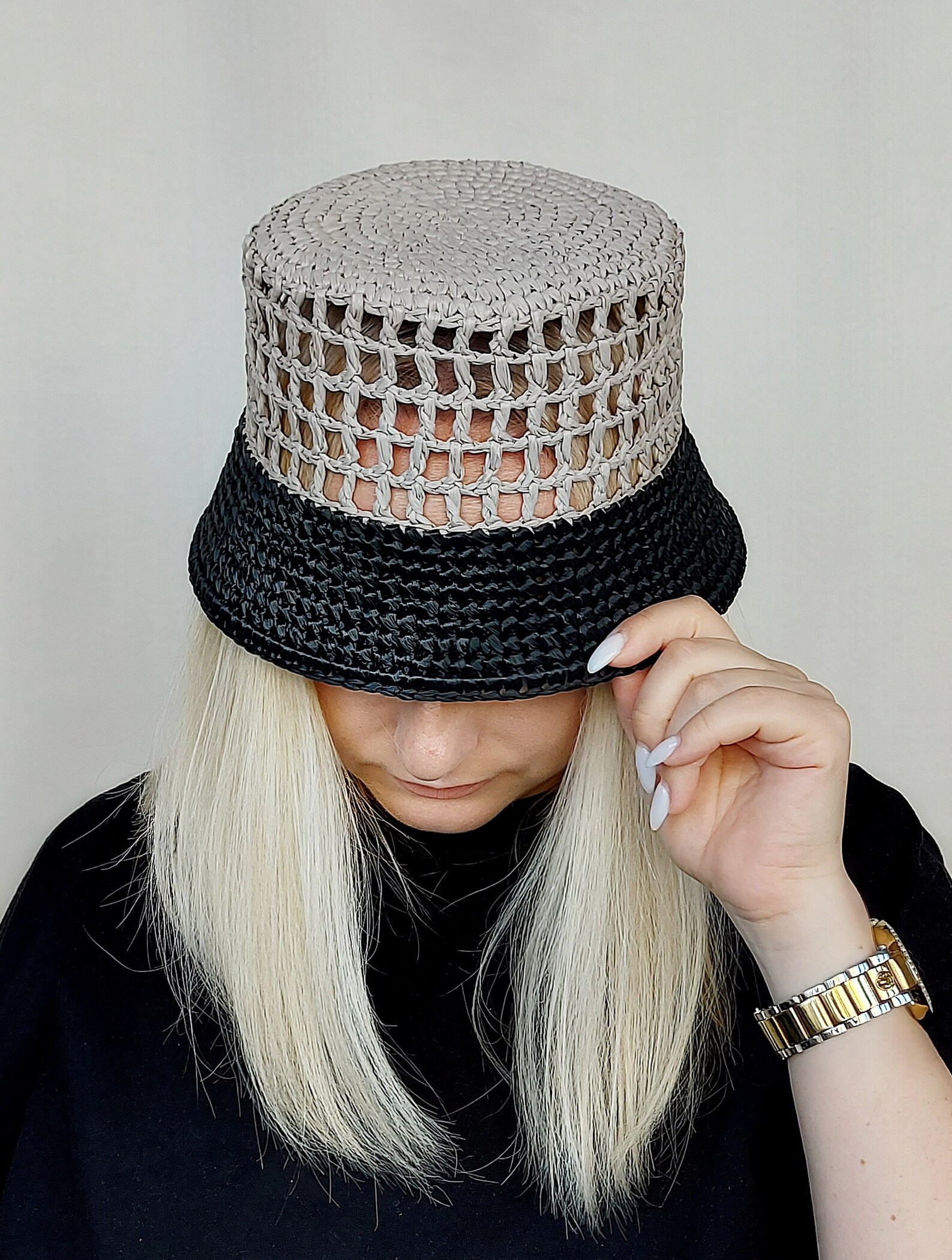 Gray and Black Strow Summer Bucket Hat, Crochet Straw Hat, Crochet ...