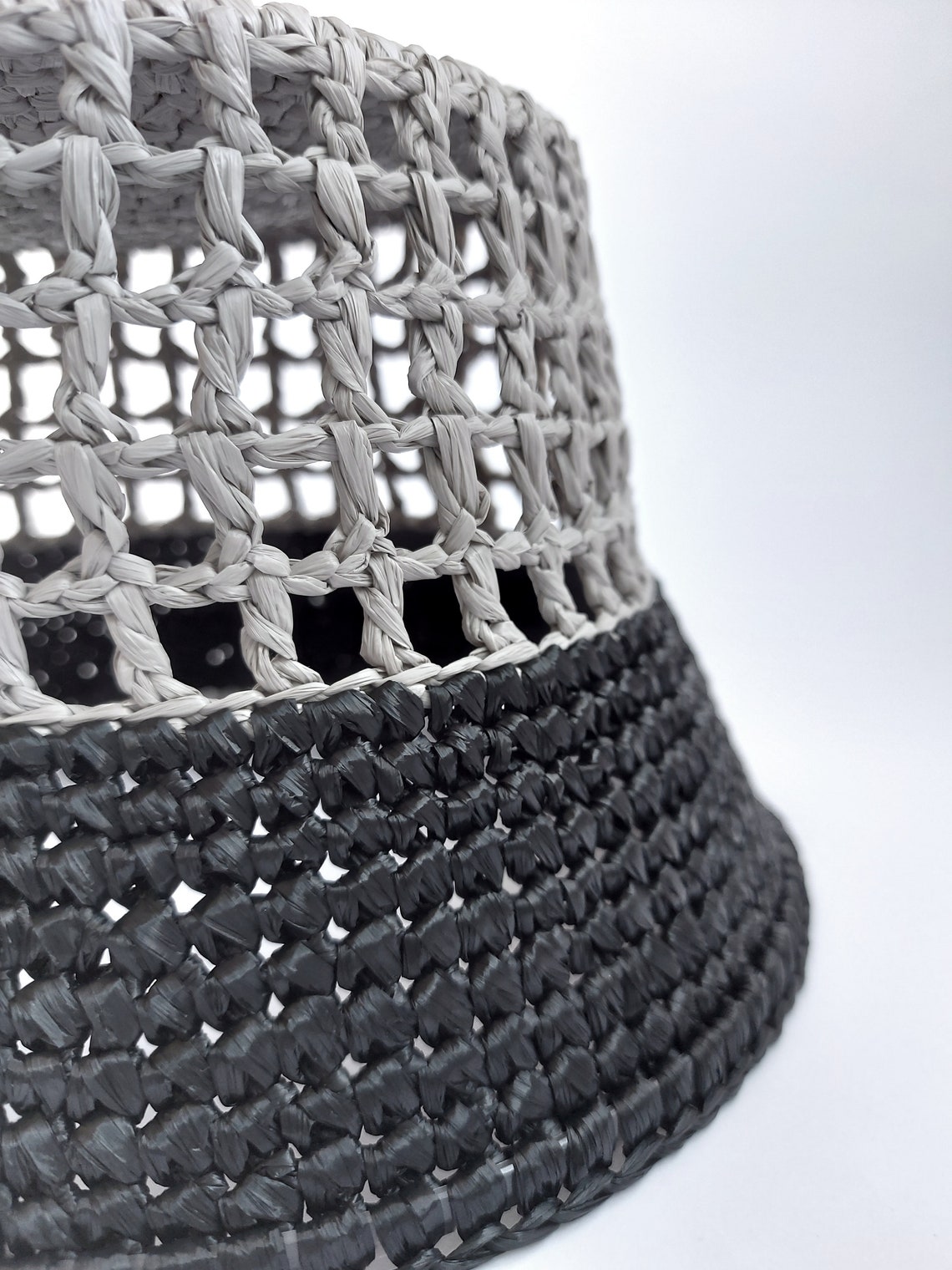 Gray and Black Strow Summer Bucket Hat, Crochet Straw Hat, Crochet ...