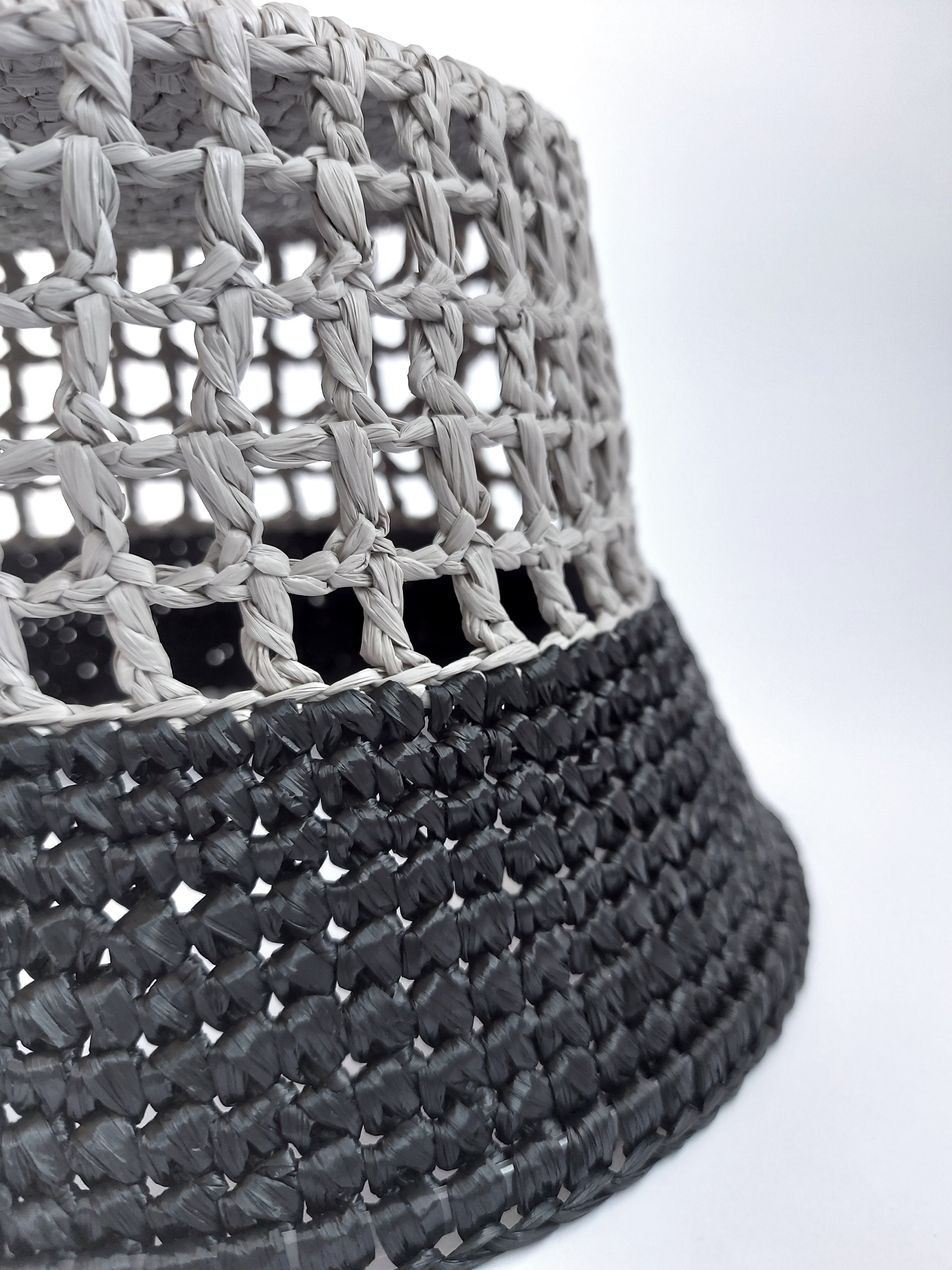 Gray and Black Strow Summer Bucket Hat, Crochet Straw Hat, Crochet ...