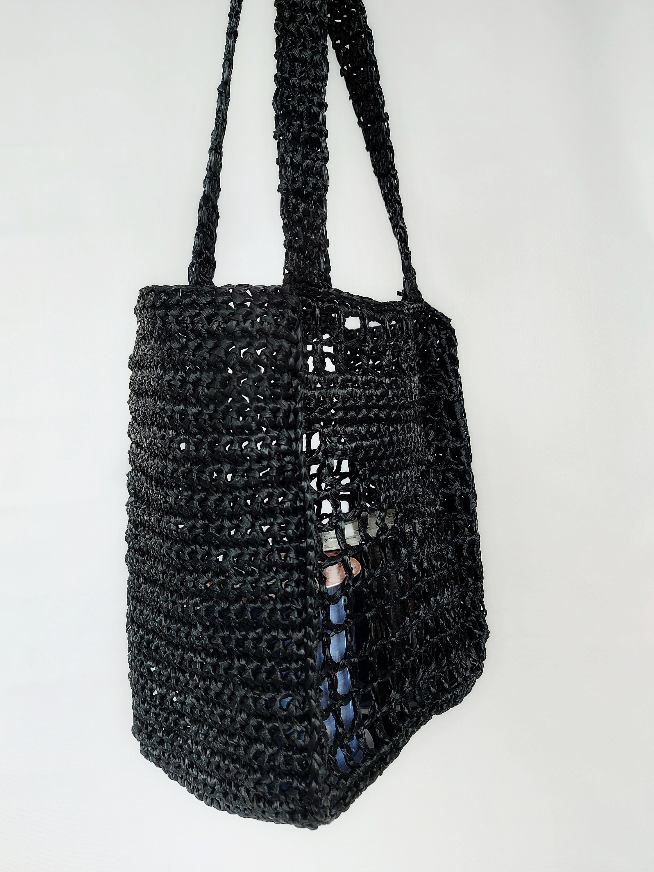 Black Small Raffia Tote Bag, Straw Tote, Handmade Tote Bag, Crochet ...