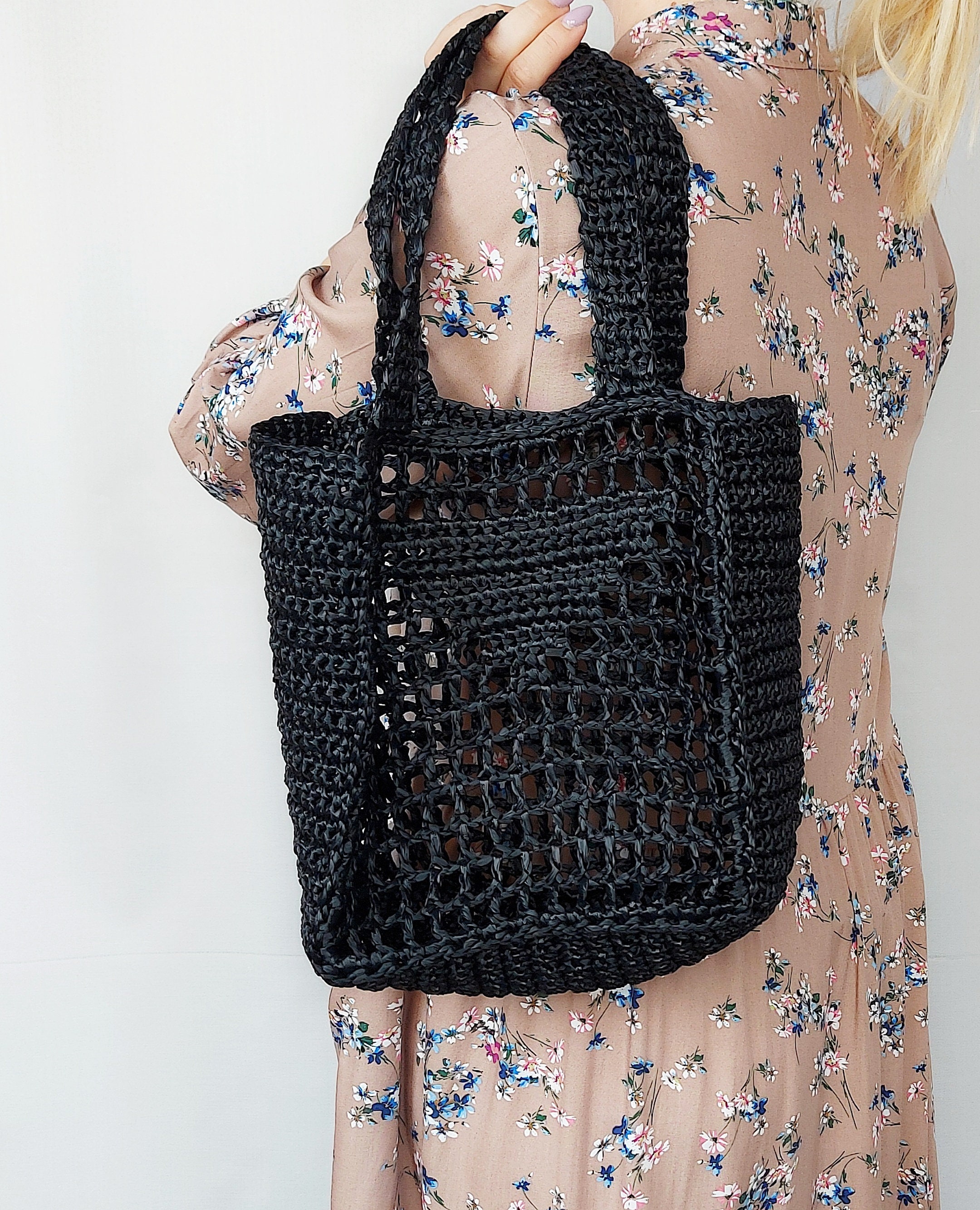 Black Small Raffia Tote Bag, Straw Tote, Handmade Tote Bag, Crochet ...