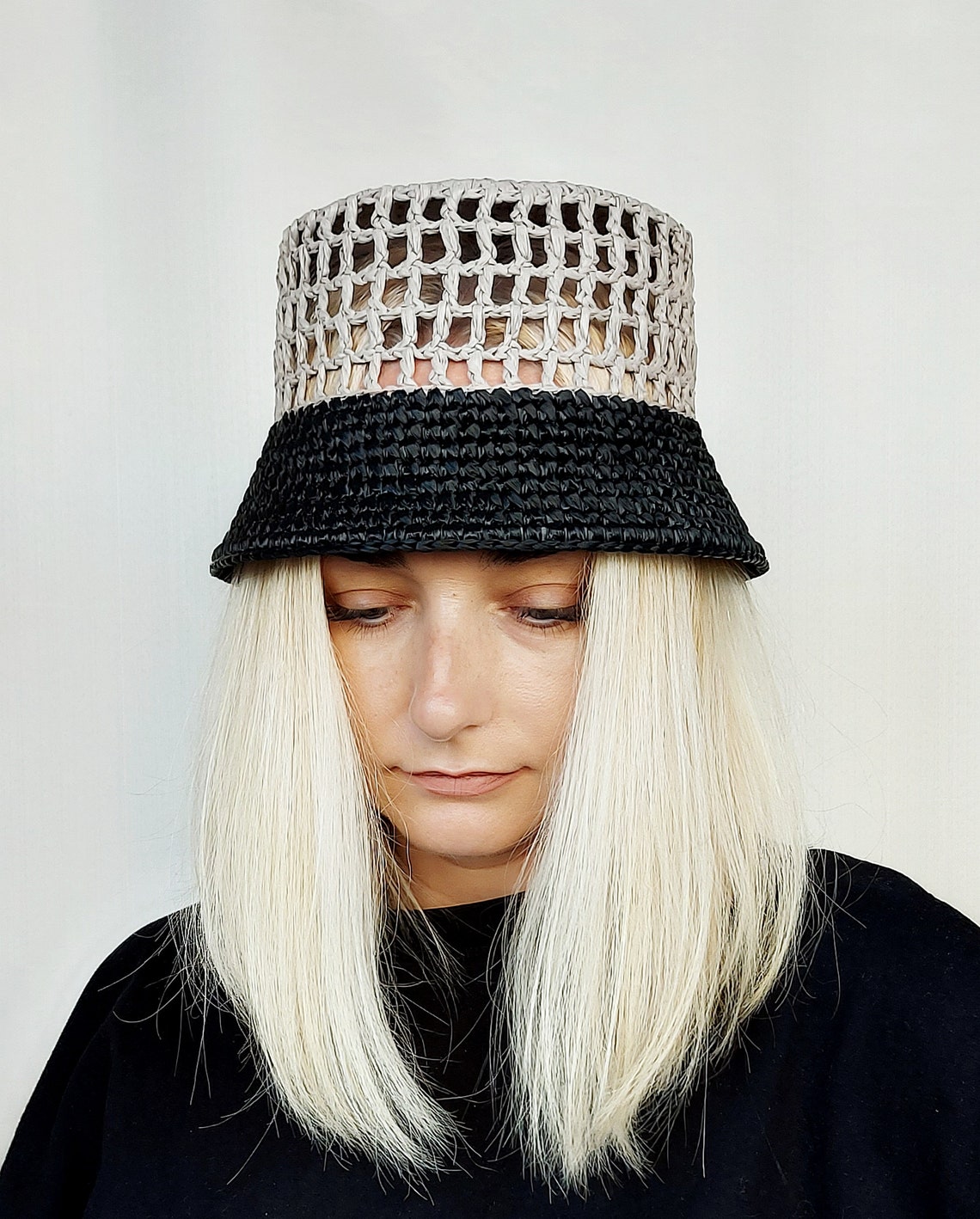Gray and Black Strow Summer Bucket Hat, Crochet Straw Hat, Crochet ...