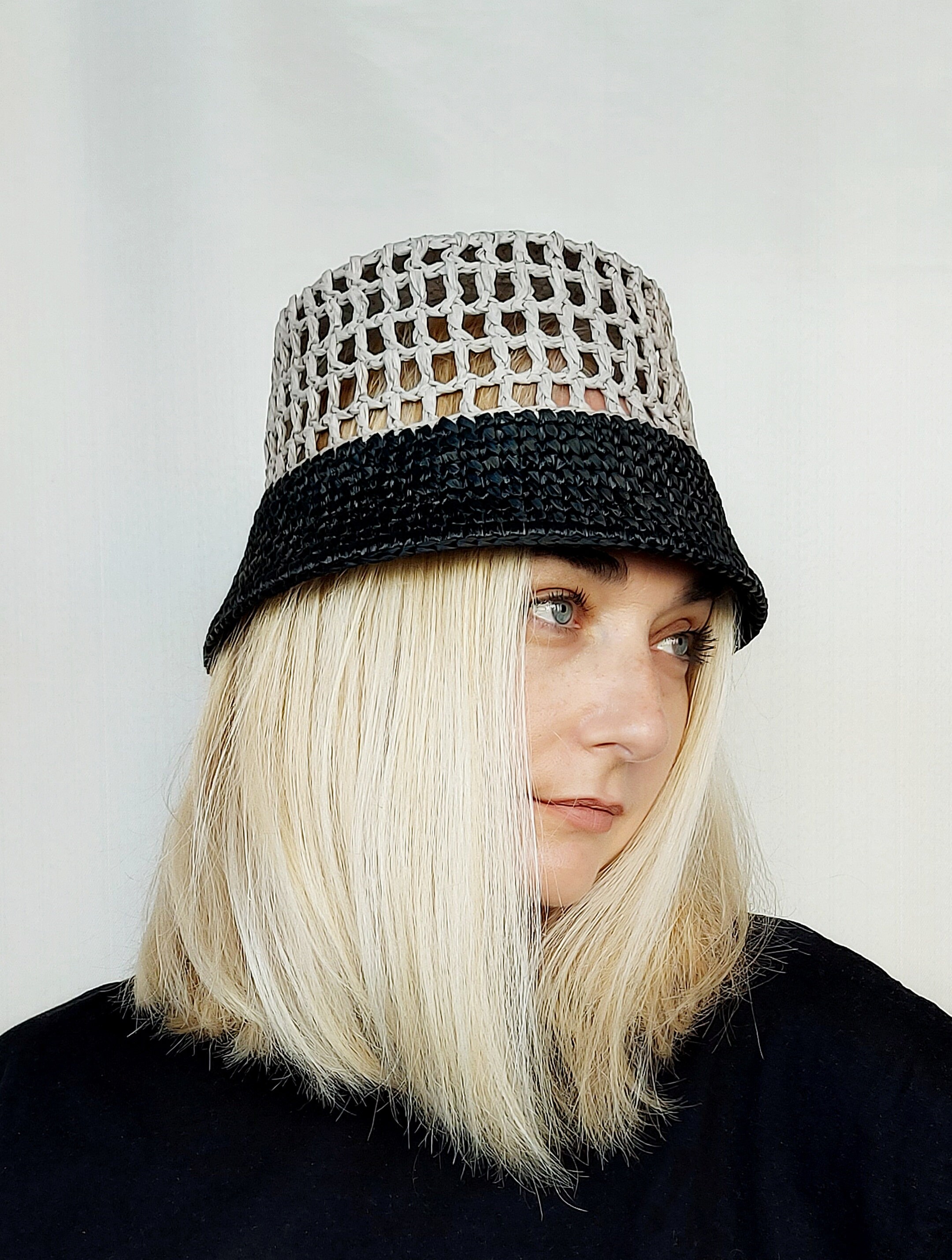 Gray and Black Strow Summer Bucket Hat, Crochet Straw Hat, Crochet ...