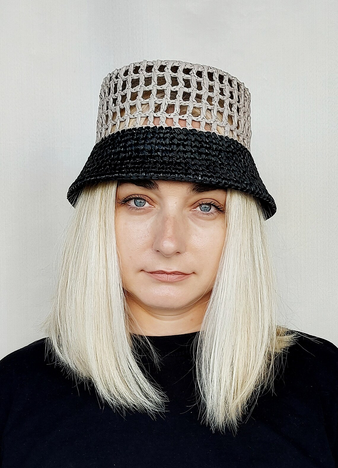 Gray and Black Strow Summer Bucket Hat, Crochet Straw Hat, Crochet ...