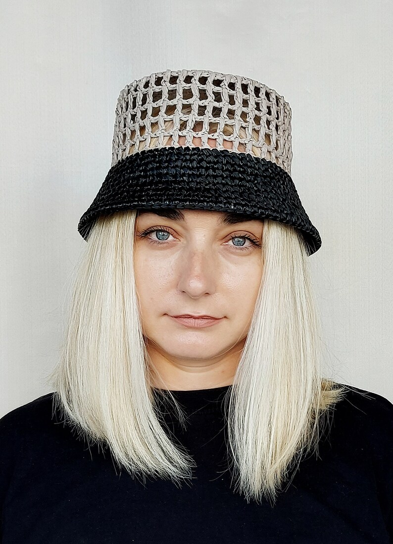 Gray and Black Strow Summer Bucket Hat, Crochet Straw Hat, Crochet ...