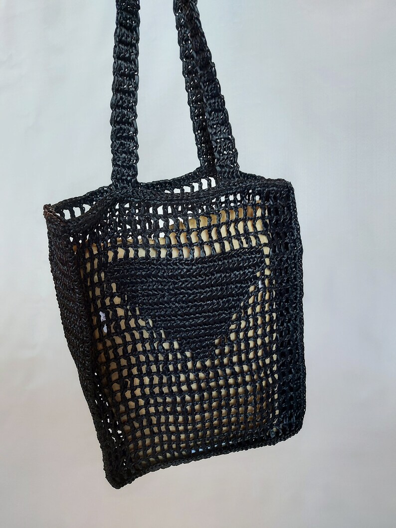 Black Raffia Tote Bag, Straw Tote, Handmade Tote Bag, Crochet Bag ...
