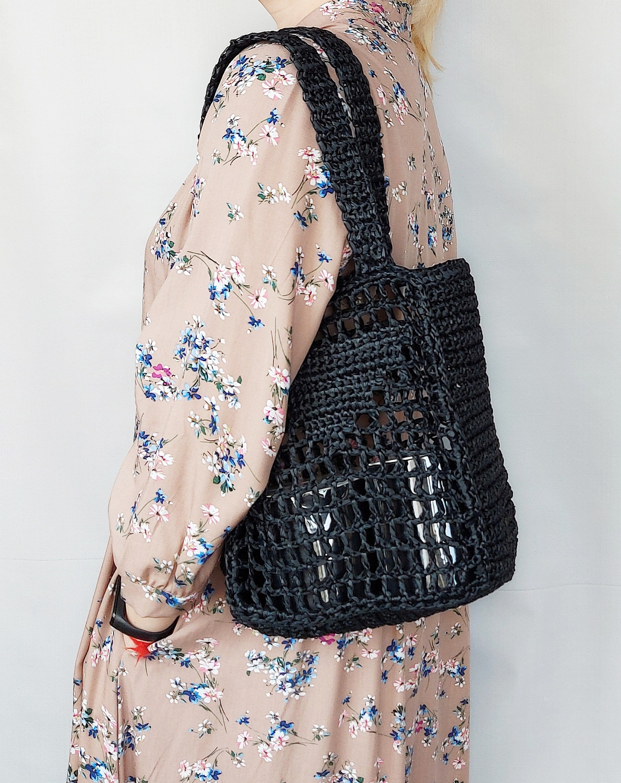 Black Small Raffia Tote Bag, Straw Tote, Handmade Tote Bag, Crochet ...