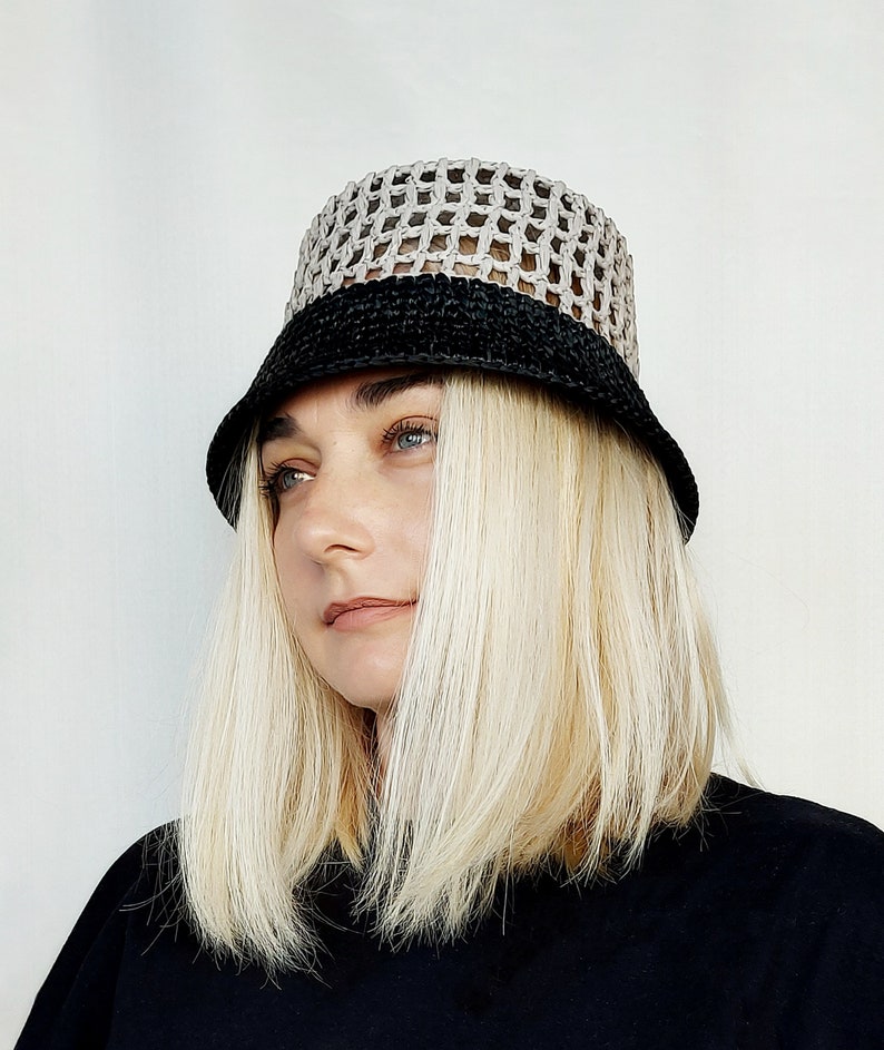 Gray and Black Strow Summer Bucket Hat, Crochet Straw Hat, Crochet ...