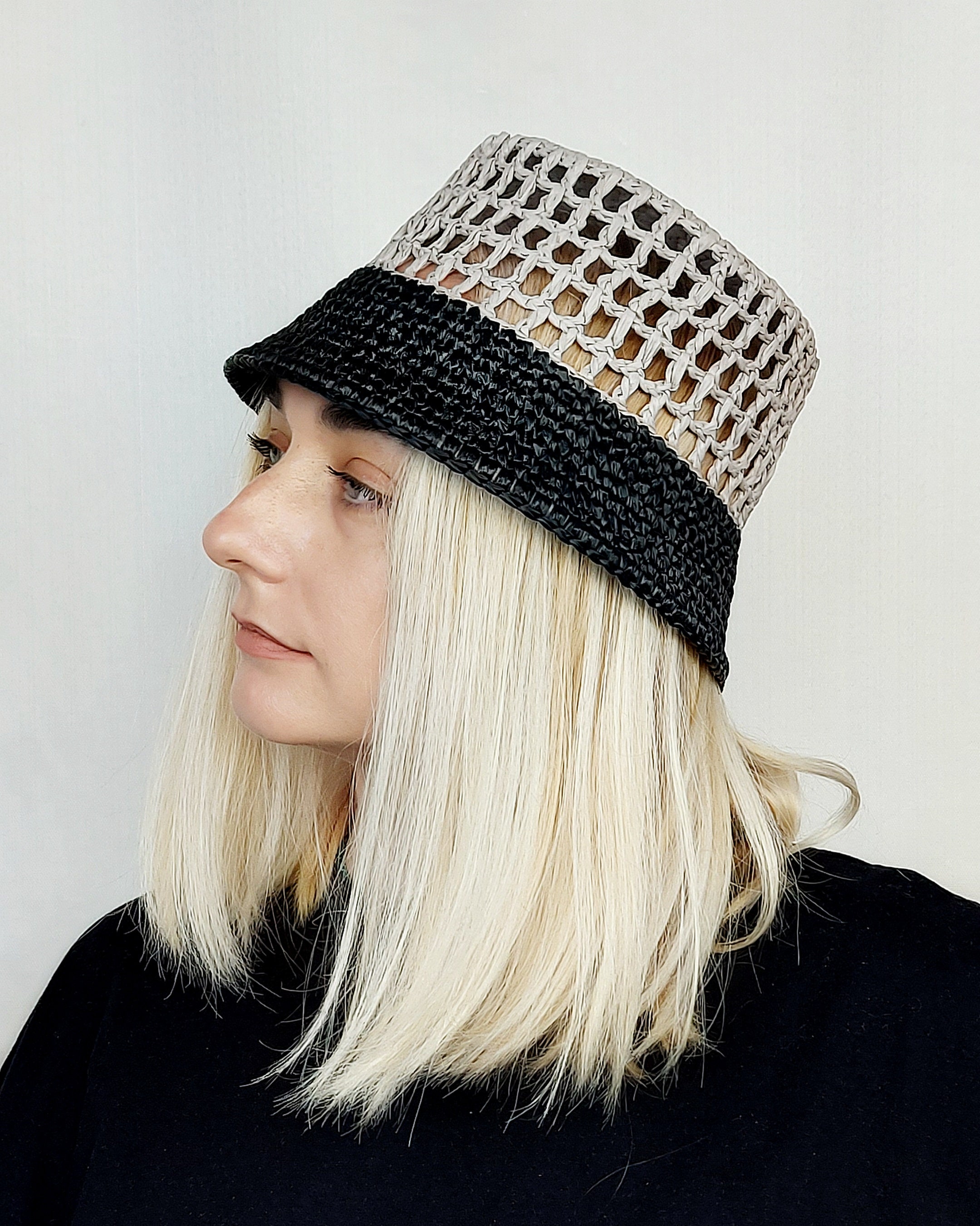 Gray and Black Strow Summer Bucket Hat, Crochet Straw Hat, Crochet ...