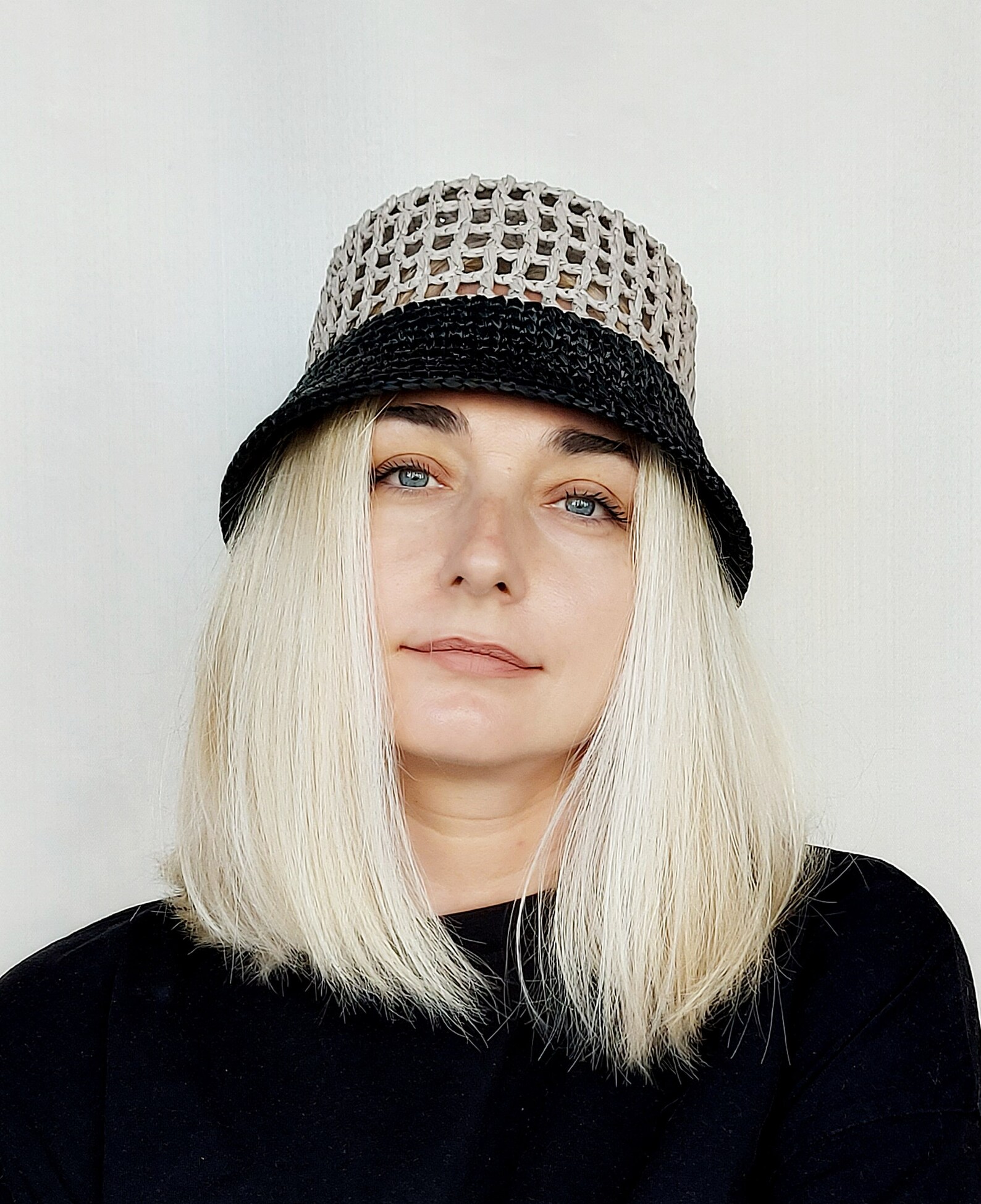 Gray and Black Strow Summer Bucket Hat, Crochet Straw Hat, Crochet ...