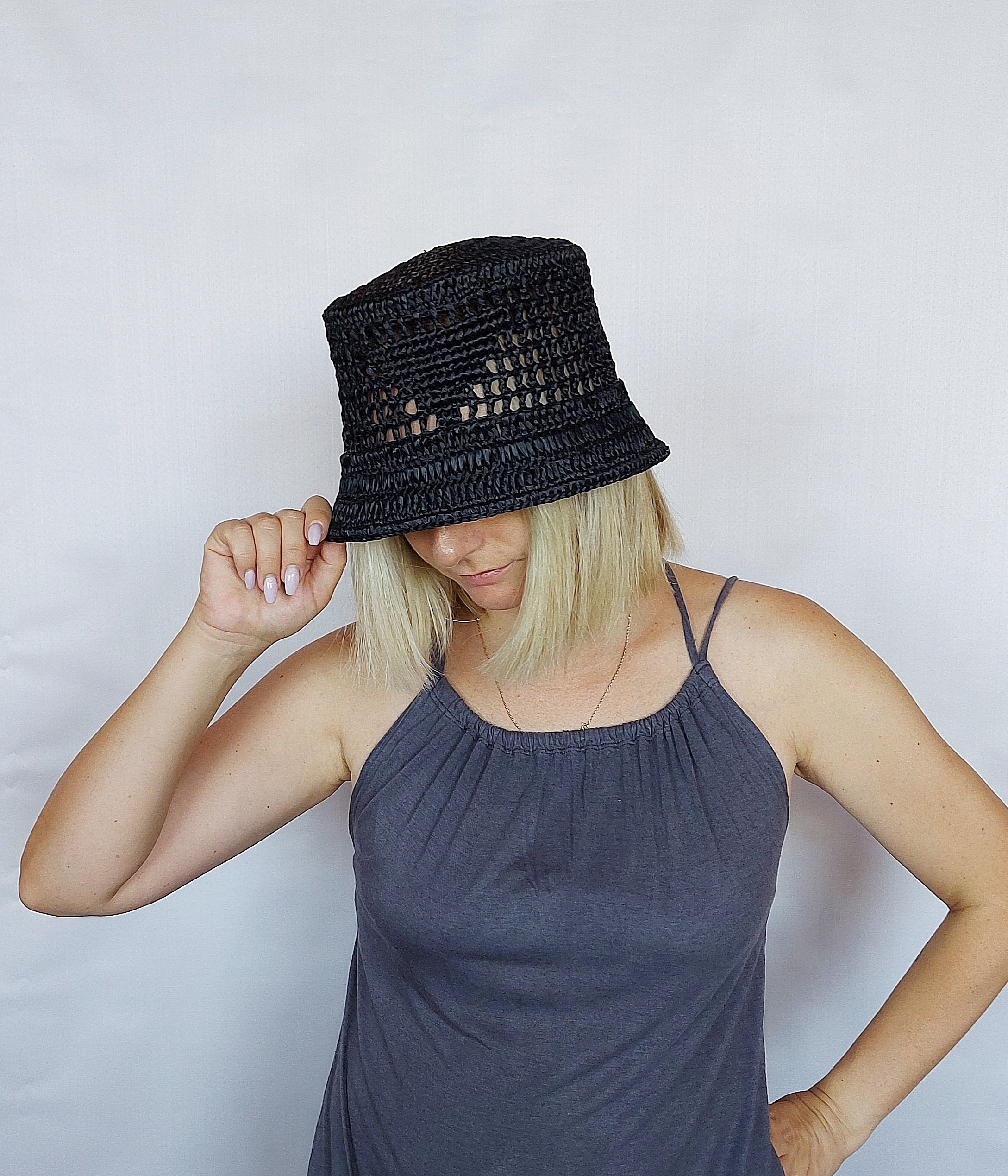 Black Strow Summer Bucket Hat, Crochet Straw Hat, Crochet Bucket Hat ...