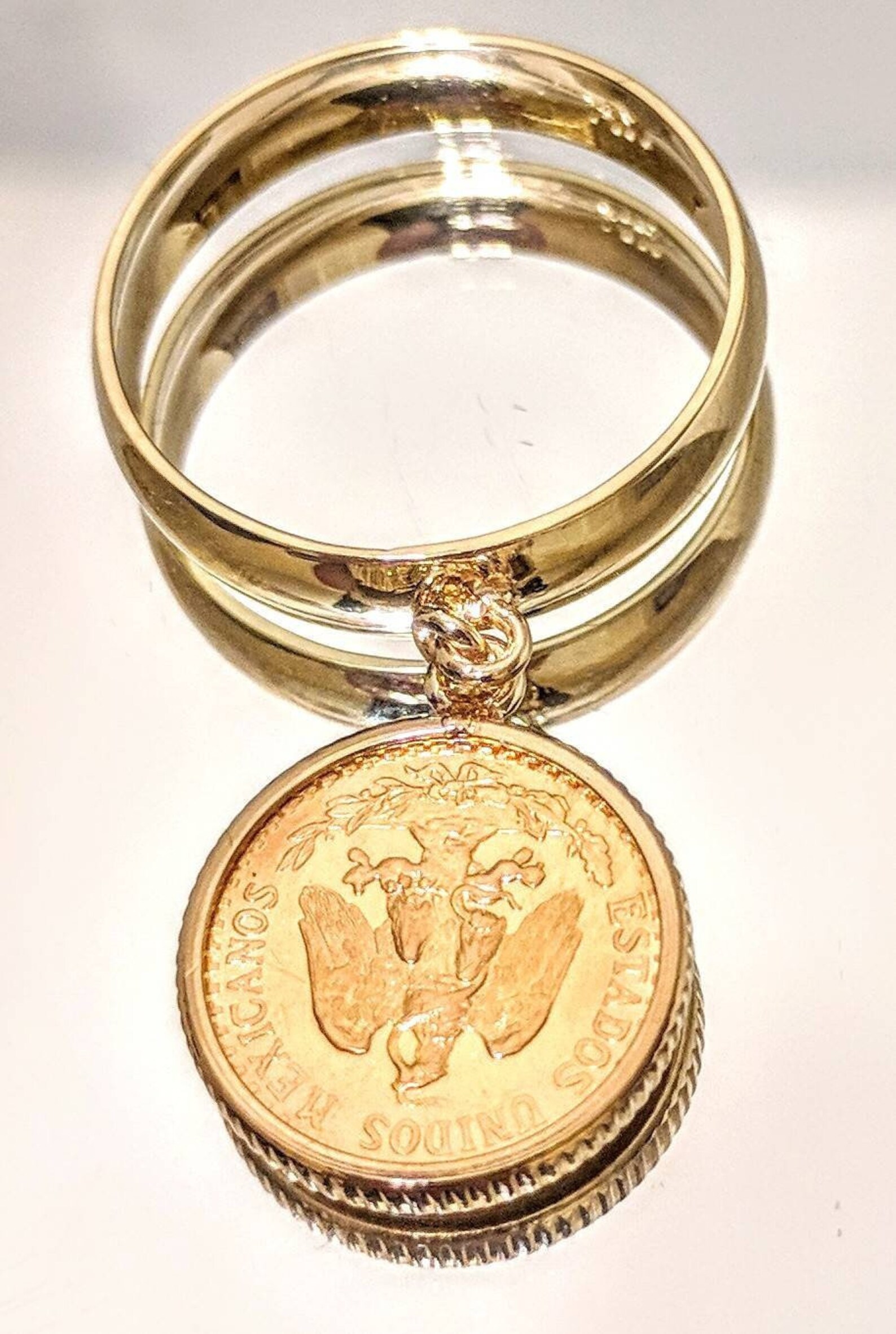 Genuine 2 Dos Peso Dangle Coin Ring in Solid 14kt Gold Setting and Ring ...