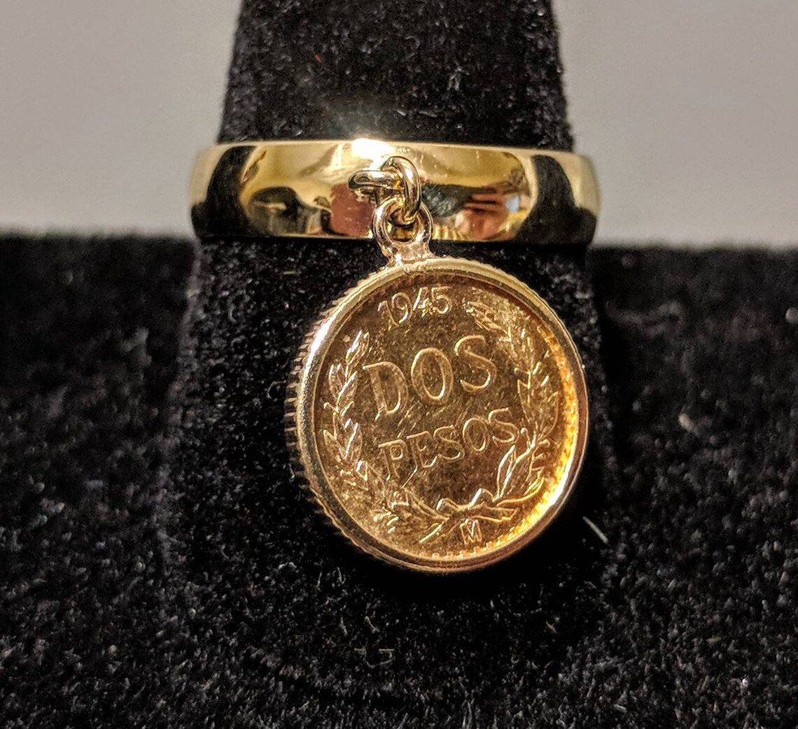 Genuine 2 Dos Peso Dangle Coin Ring in Solid 14kt Gold Setting - Etsy