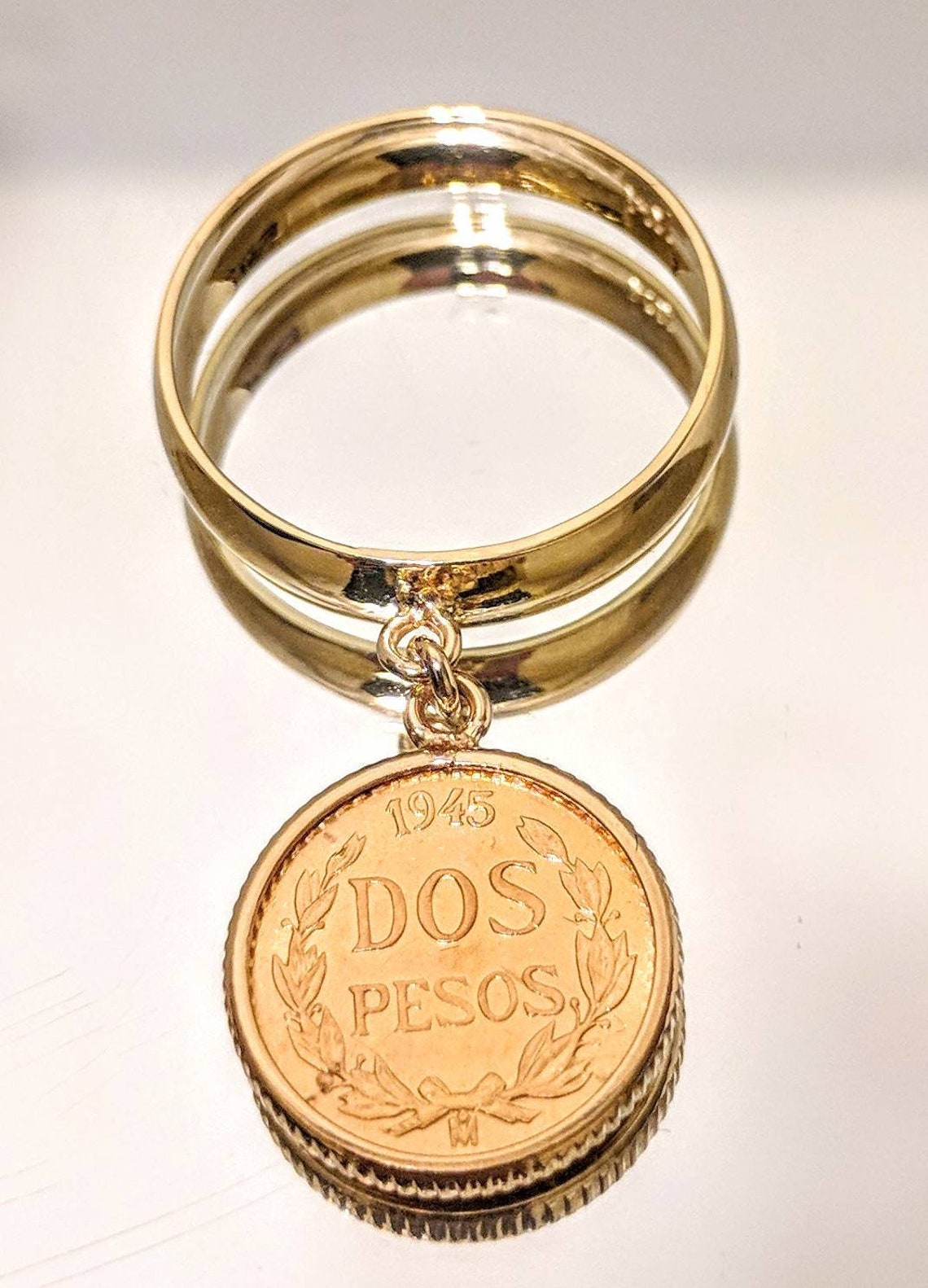 Genuine 2 Dos Peso Dangle Coin Ring in Solid 14kt Gold Setting - Etsy