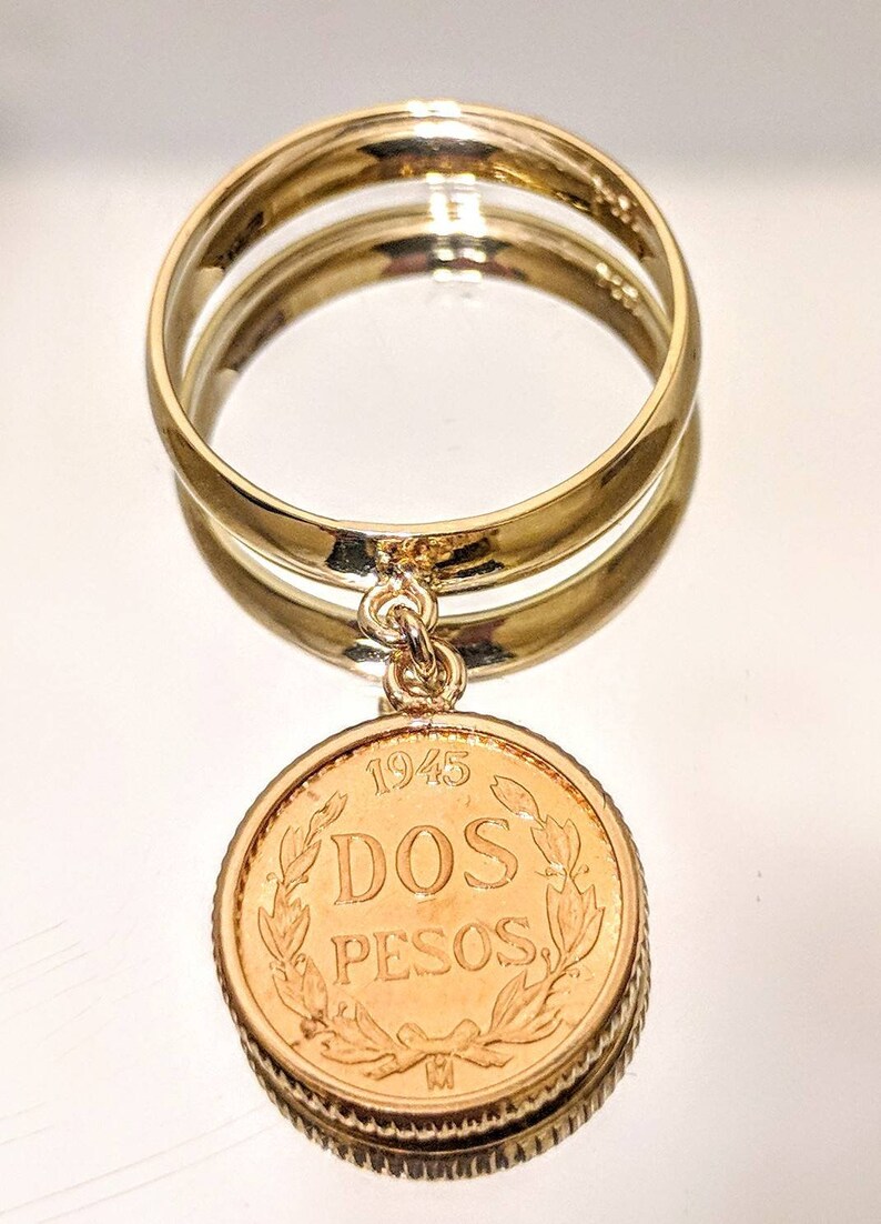 Genuine 2 Dos Peso Dangle Coin Ring in solid 14kt Gold Setting | Etsy