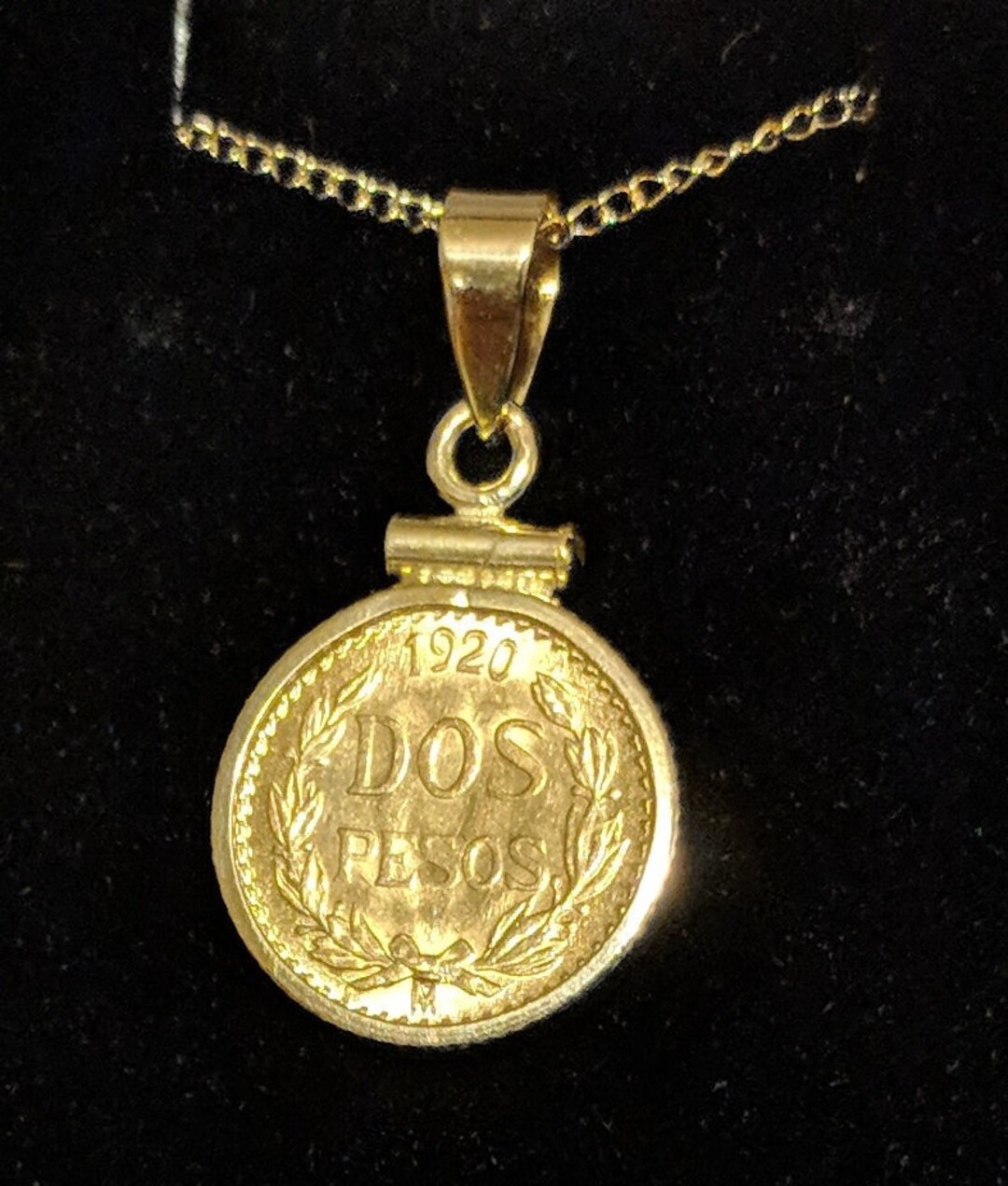 Genuine 2 Dos Peso Dangle Coin Pendant in Solid 14kt Gold Setting and ...