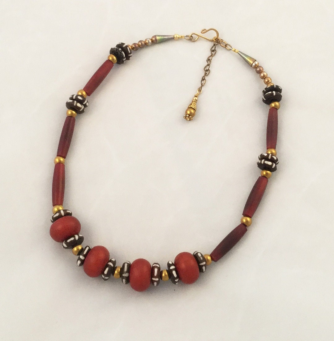Striking Ruby Red and Black African Beads; Bone and Resin, 17 1/2 ...