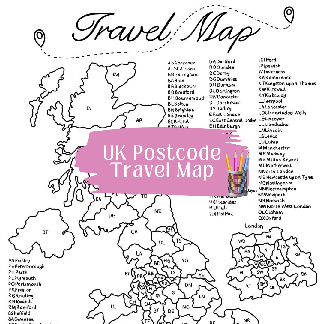 UK Postcode Travel Map: Hand Illustrated Colouring Map (PDF Digital ...