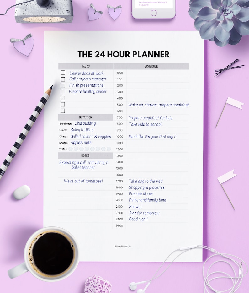 24 Hour Planner / Daily Planner Printable / 24h Daily - Etsy