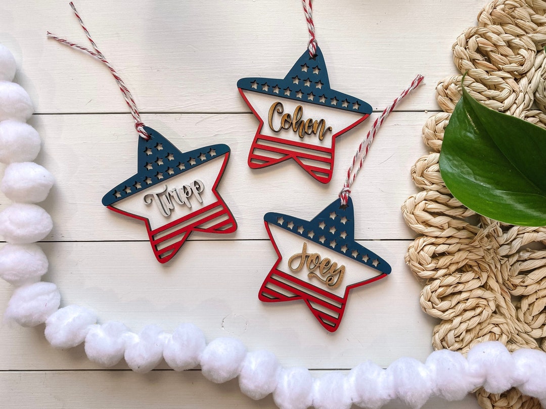 Custom USA Flag Star Name Tags Laser Cut USA Star Tags Gift Basket Tag ...