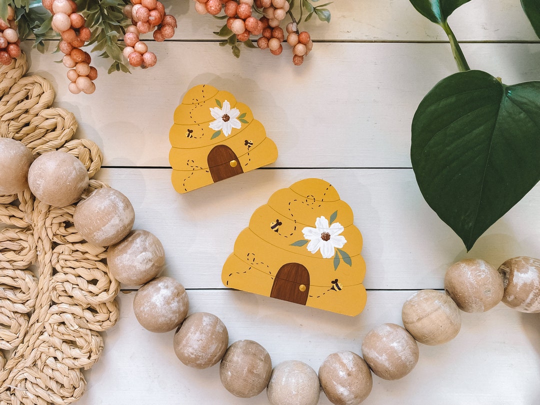 Cute Bee Hive Block - Hand Painted Wooden Bee Hive - Bee Decor - Chunky ...