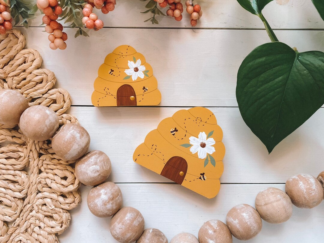 Cute Bee Hive Block Hand Painted Wooden Bee Hive Bee Decor Chunky ...