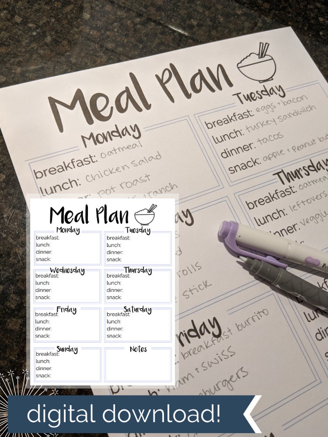 One Week Meal Planning Printable | Etsy