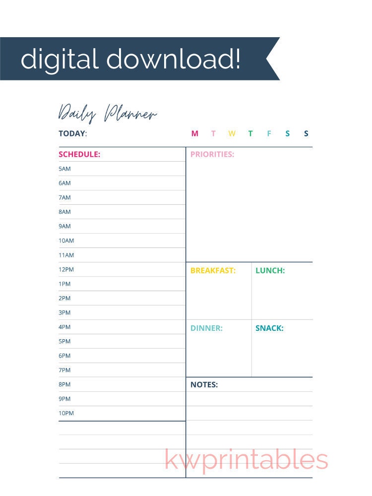 Daily Planner Printable Digital Download Colorful | Etsy