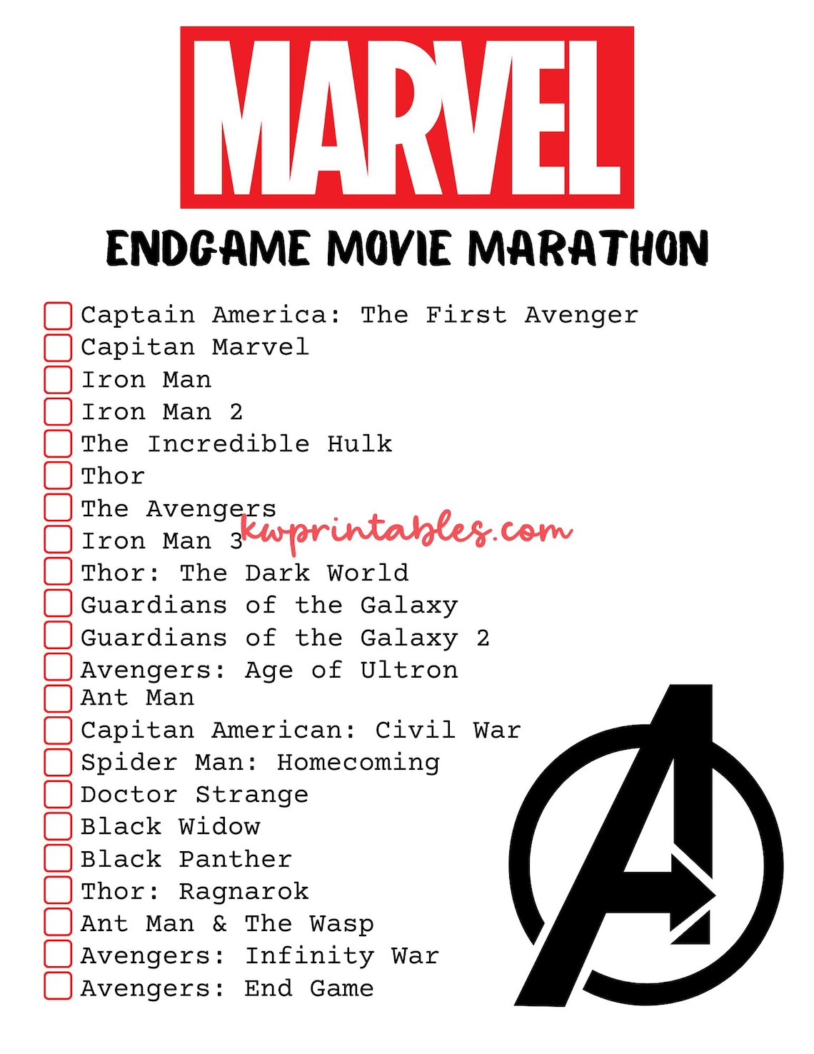 Marvel Movie Marathon Checklist Printable Digital Download - Etsy
