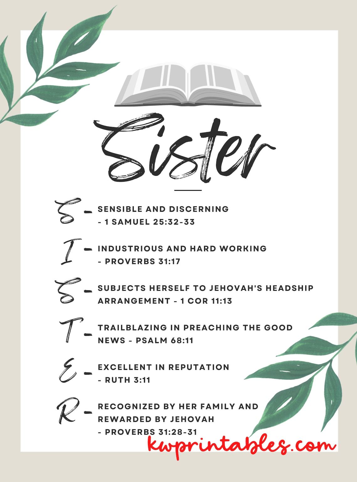 JW Sister Acrostic Poem Printable | Digital Download - Etsy