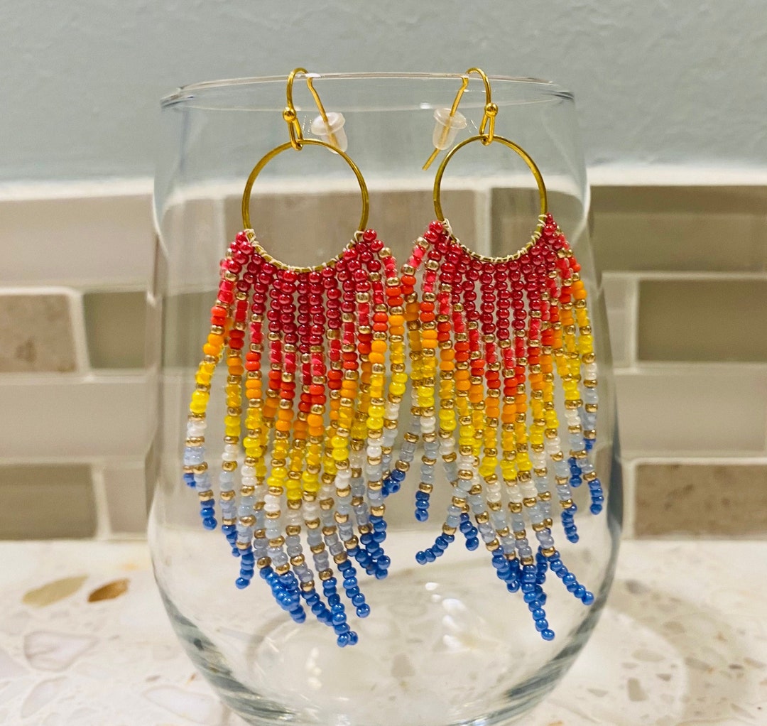 Long Sunset Red Yellow White Blue Multicolor & Gold Hoop Fringe Seed ...