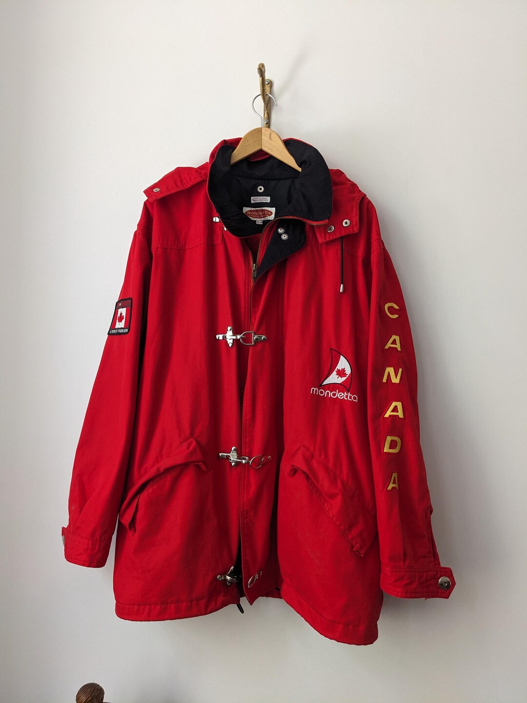 Rare Vintage Mondetta Sailing Jacket Hidden Hood Long Coat Canada Flag ...