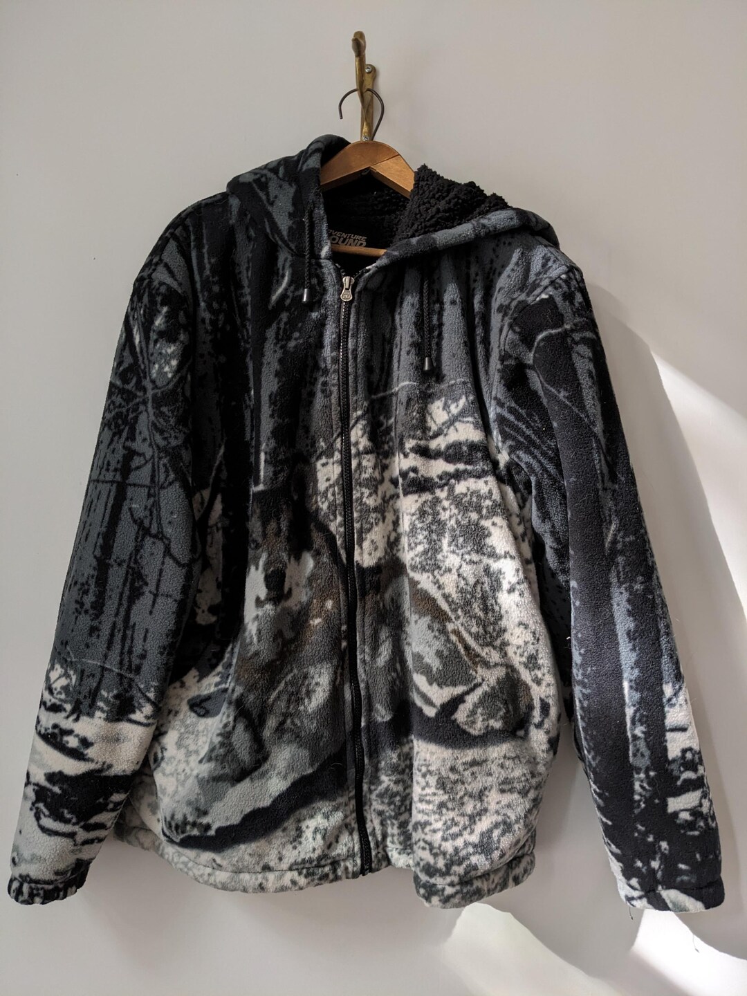 Vintage Wildlife Fleece Jacket L Hood Hooded Animal Aop All Over Print ...