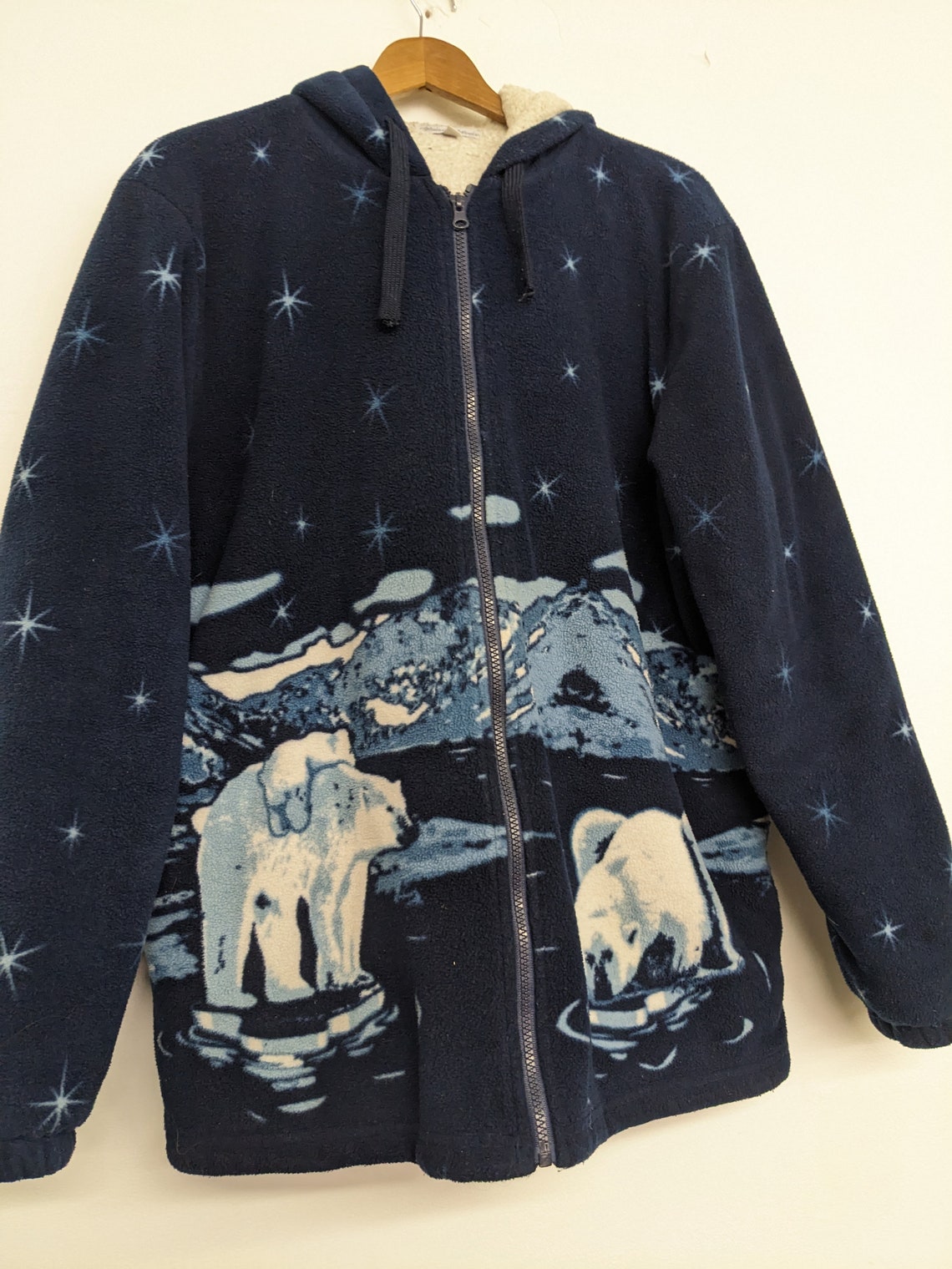 Vintage Wildlife Polar Bear Fleece Hooded Hood Zip Blue Snow Animal ...