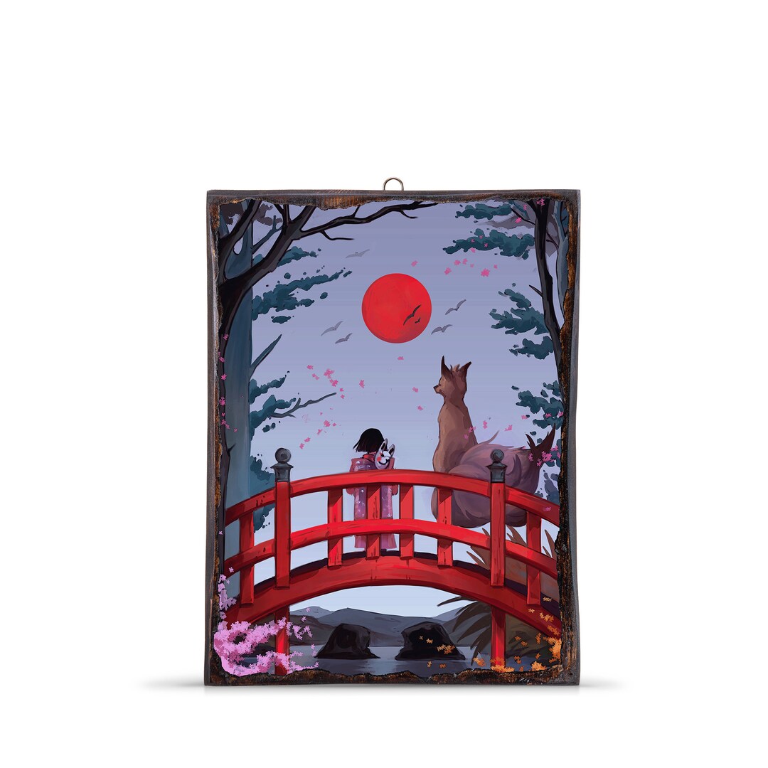 Kitsune Mother and Daughter Wooden Frame japanese Folklore Yōkai Fox ...
