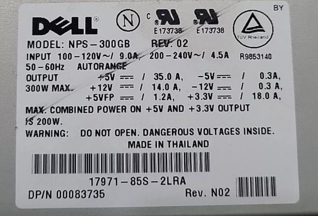 Dell Vintage Computer 28 Pin Power Supply Model Nps-330cb B Rev 01 50 ...
