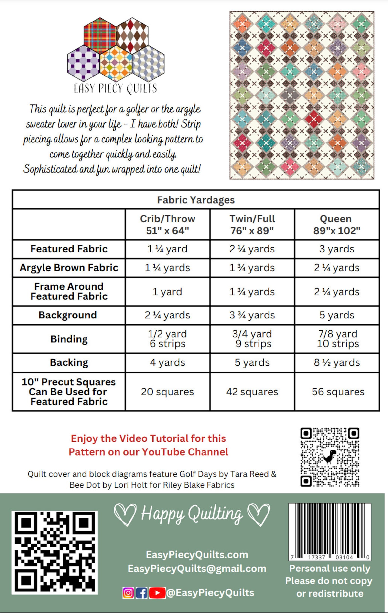 Argyle Golf Quilt Pattern (PDF Download) - Etsy