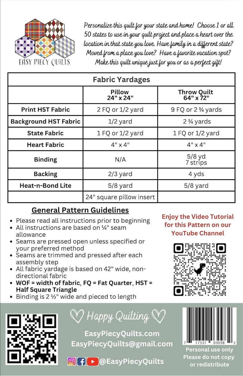 State Quilt Pattern: Beginner Friendly Fat Quarter Project (PDF ...
