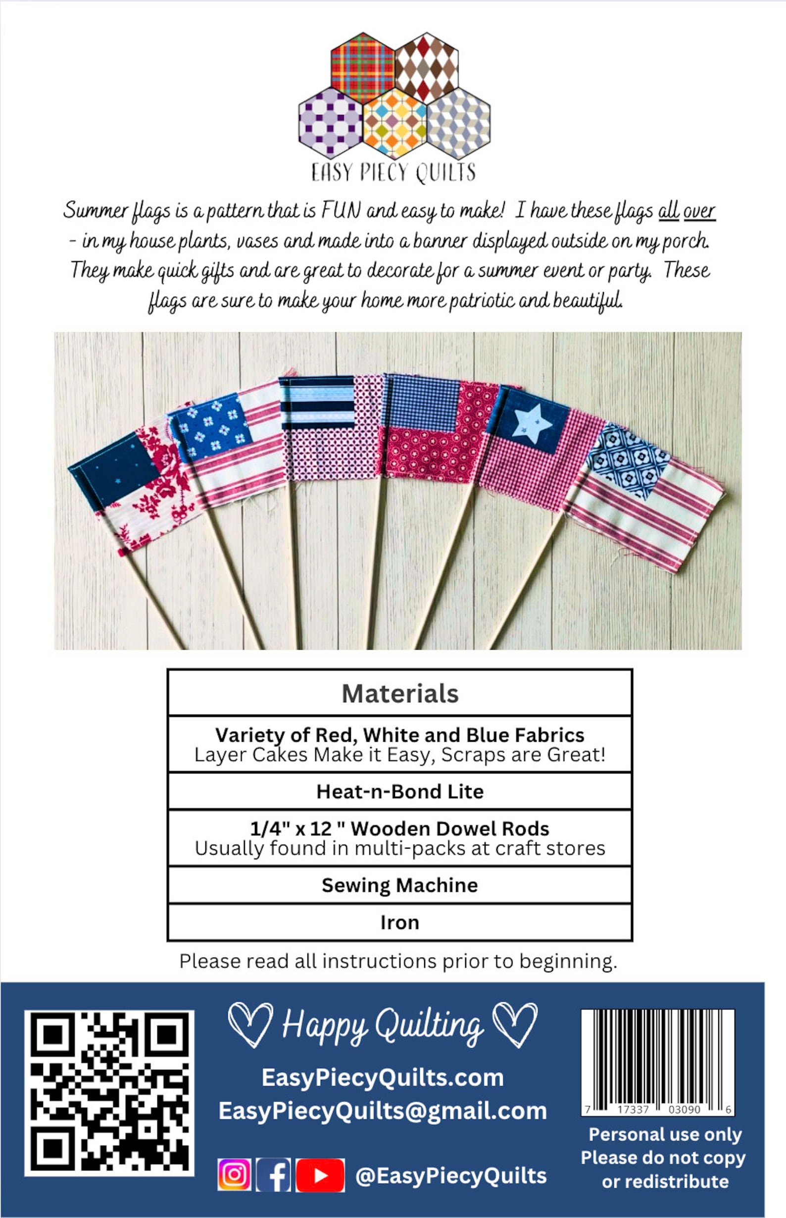 Summer Patriotic Flags DIY Sewing Pattern - Beginner Project, Instant ...