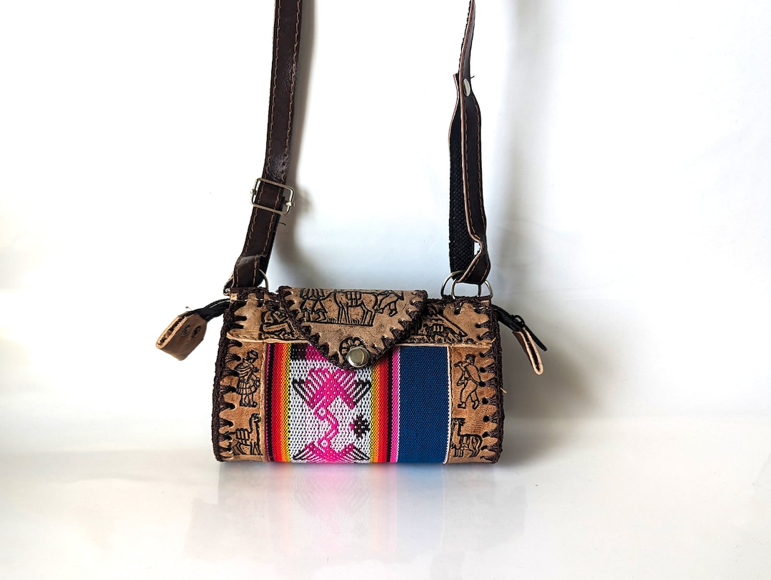 Small Size Hand-carved Leather Crossbody Purse With Andean Textile ...
