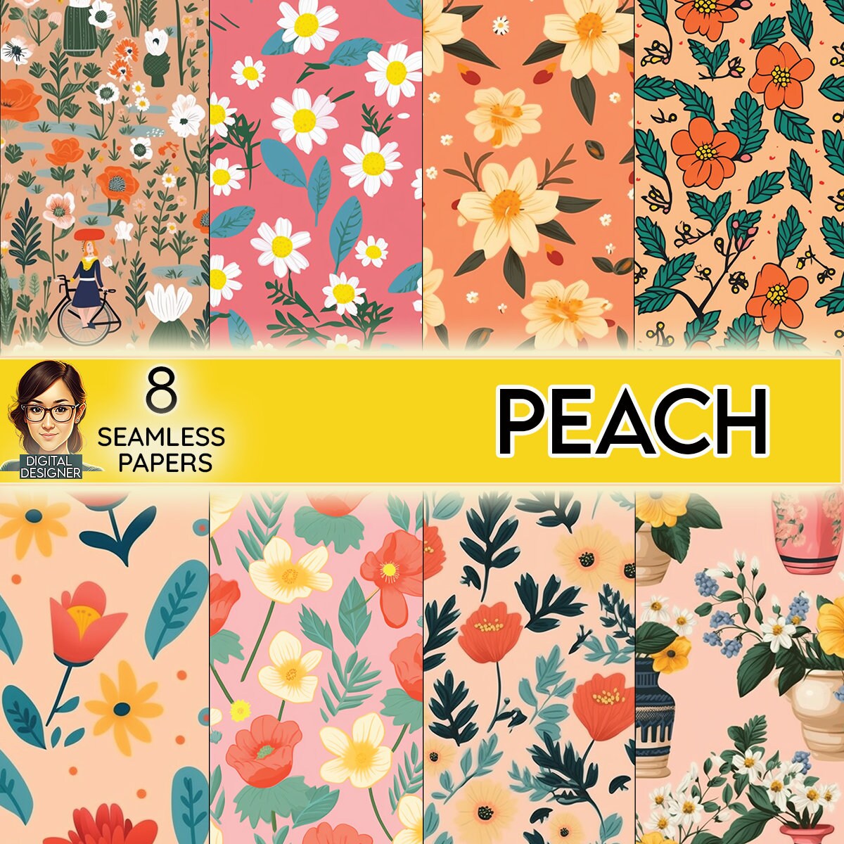 Peach-colored Flowers Digital Paper Set Seamless Digital Paper Seamless ...
