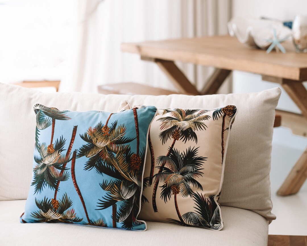 Palm Tree Fabric,1 Yard of Tropical Palms Barkcloth Fabric, Aqua Blue ...