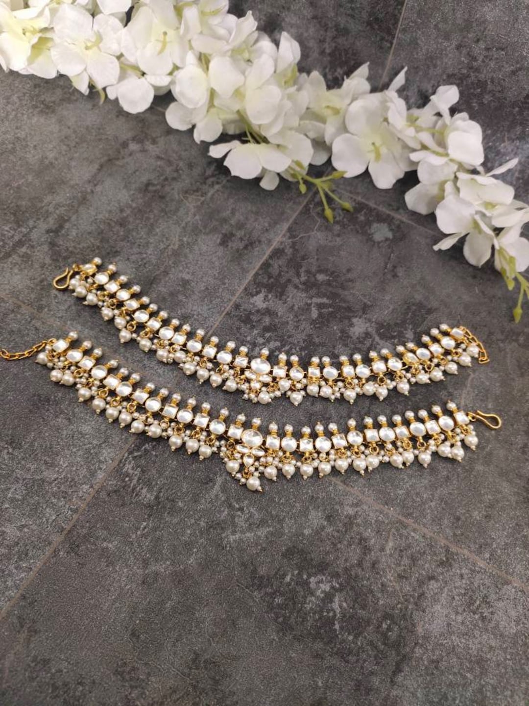 White Colour Gold Plated Jadau Kundan Anklet, Indian Punjabi Festive ...