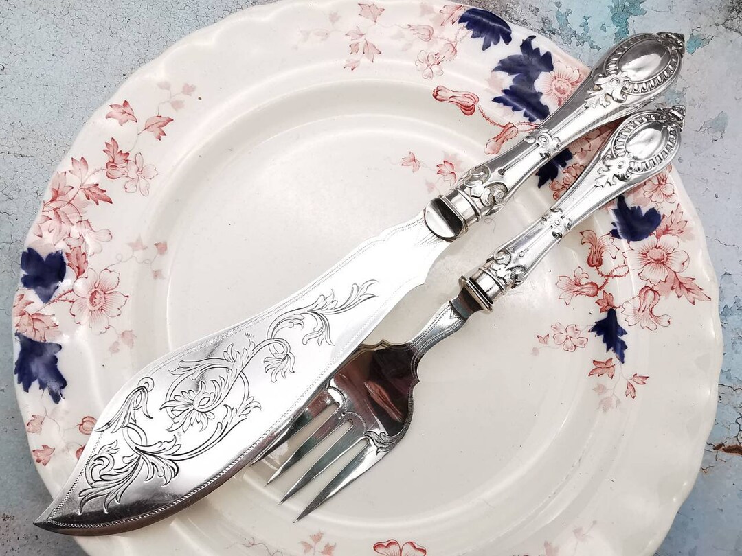 Antique Silver Plated Fish Server Set: Etched Victorian Cutlery - Etsy