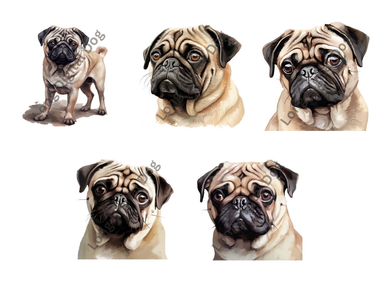 Pug Watercolor Clipart, Set 5 Dog PNG for Creating Gifts, Print on T ...