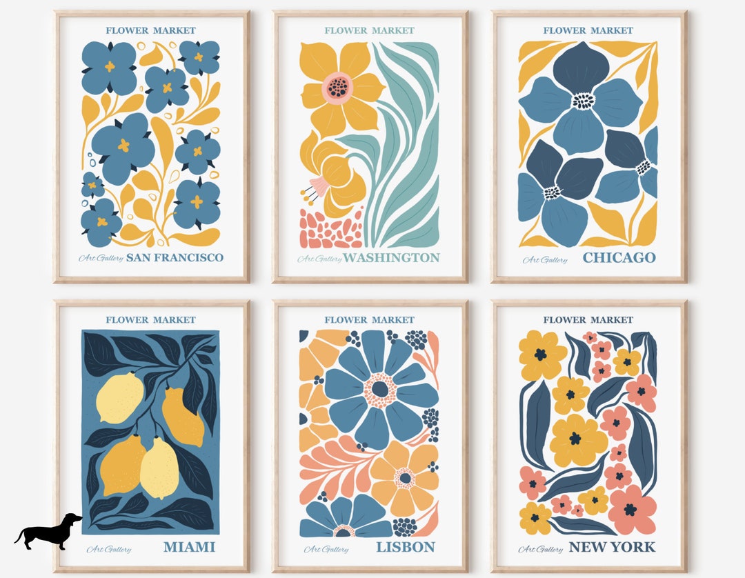 Flower Market Poster Blue. Set of 6 Floral Prints Modern. - Etsy