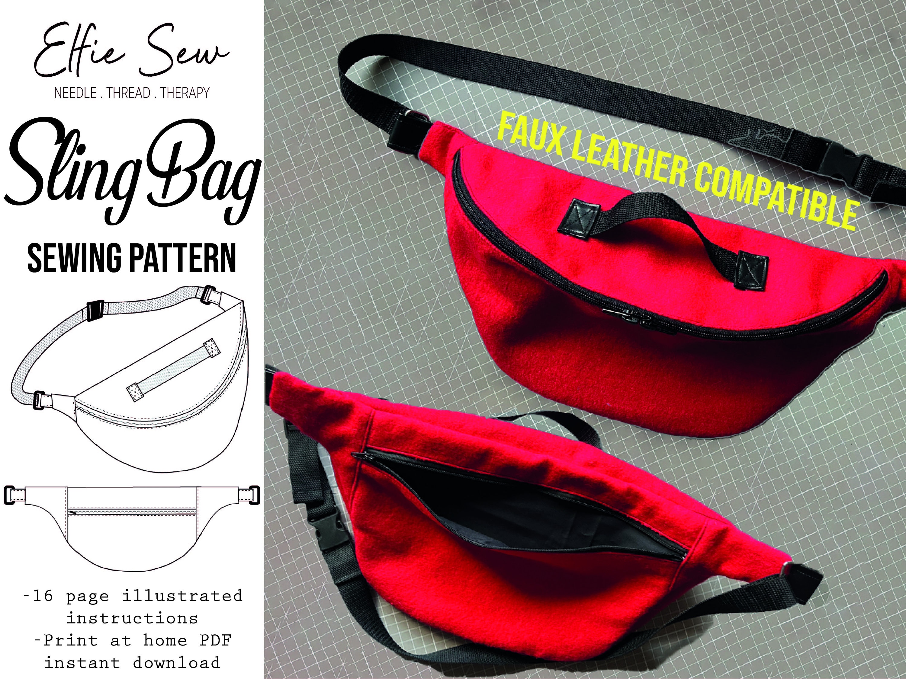 Sling Bag PDF Sewing Pattern by Elfie Sew - Bum Bag, Hip Bag, Waist ...