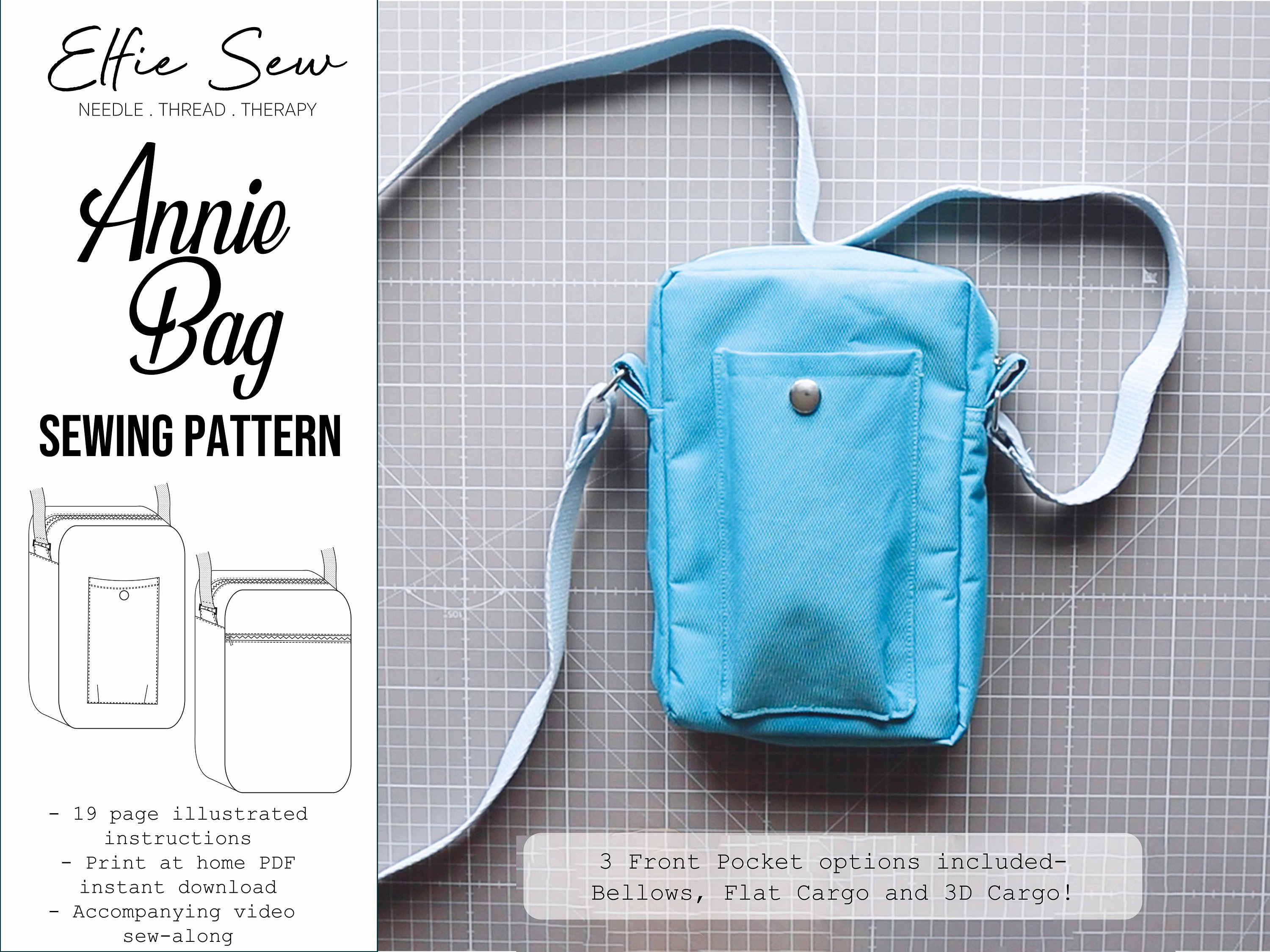 Annie Bag PDF Sewing Pattern by Elfie Sew - Shoulder Bag, Cross Body Bag, Multi Zip Bag, Hiking ...