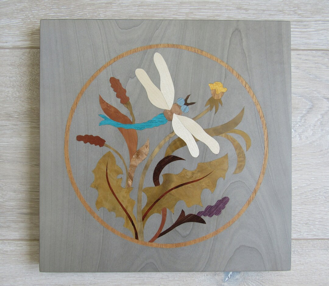 Dragonfly Wood Mosaic Art, Wood Inlay, Marquetry, Wood Wall Decor ...